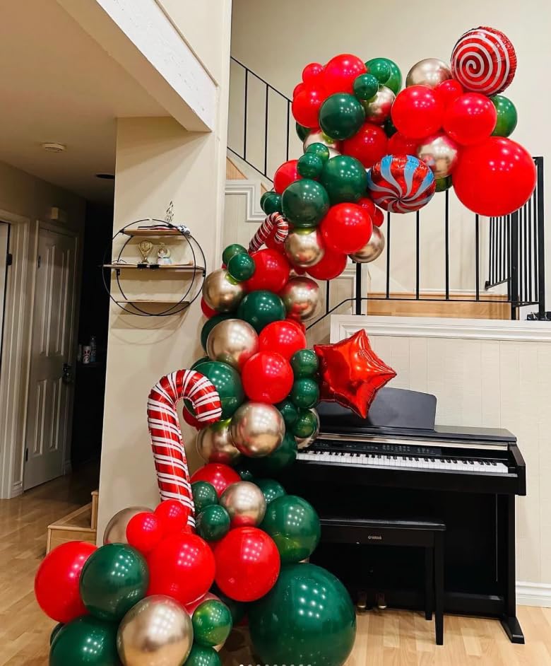 AobkDeco 151PCS Christmas Arch Kit with Red, White, Golden, Dark Green Balloons, Candy Foil, Candy Cane, Gift Box, Star Balloons for Christmas Party Decorations