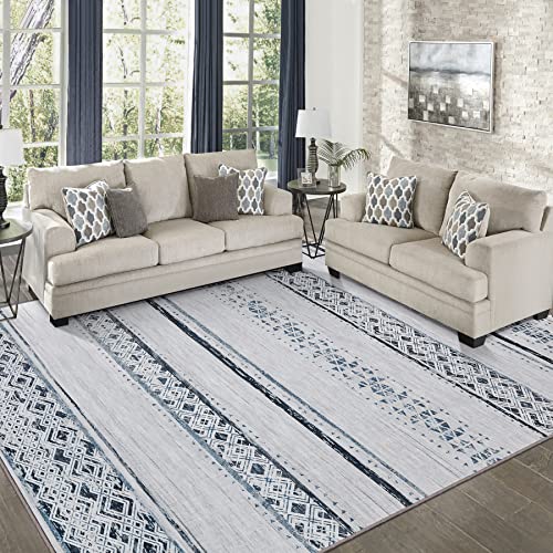 8x10 Area Rugs for Living Room Bedroom: Large Machine Washable Rug with Non-Slip Backing Non Shedding Stain Resistant, Soft Geometric Moroccan Carpet for Dining Room Nursery Home Office - Blue/Ivory