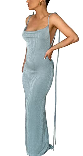 Vssjavun Women’s Summer Sexy Spaghetti Strap Sleeveless Backless Bodycon Slim Fit Party Club Cocktail Long Dress Blue
