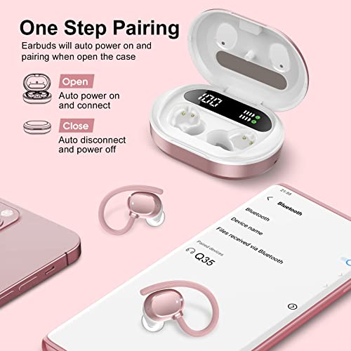 sprtoybat Wireless Earbuds, HiFi Stereo Bluetooth 5.3 Running Headphones with Dual LED Display 30Hrs Playtime, Built-in Mic, Type-C, in-Ear Bluetooth Earphones with Earhooks for Sport, Rose Gold