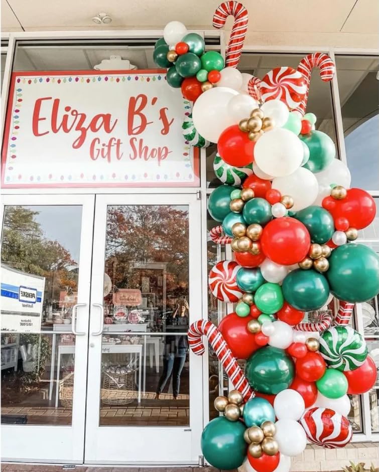 AobkDeco 151PCS Christmas Arch Kit with Red, White, Golden, Dark Green Balloons, Candy Foil, Candy Cane, Gift Box, Star Balloons for Christmas Party Decorations