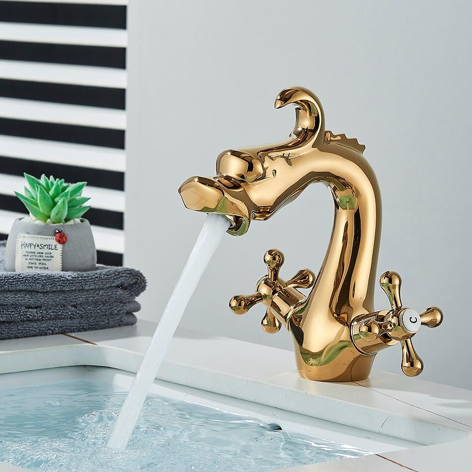 MESKEL Luxury Bathroom Basin Faucet Hot Cold Water Mixer Tap Dragon Style Vessel Sink Faucet 2 Handles Bath Washbasin Crane (Color : Gold A)