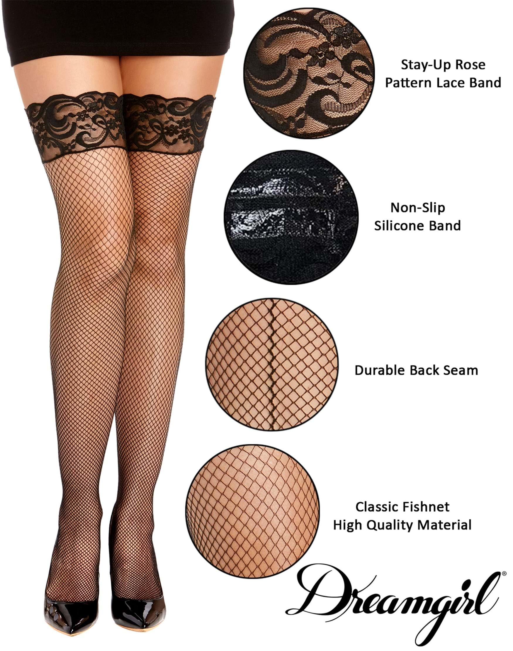 Dreamgirl Women’s Fishnet Thigh High Stockings with Silicone Lace Top and Back Seam
