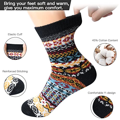 FYC Winter Womens Socks - Wool Warm Thick Knit Cozy Crew Casual Vintage Soft Socks for Women - Christmas Gifts - 5 Pairs