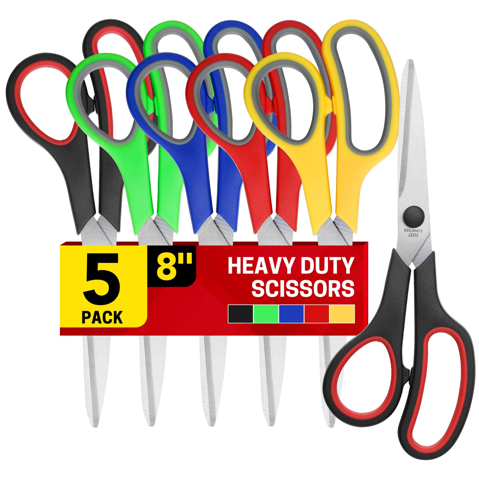 BURVAGY 8” Multipurpose Scissors Bulk Pack of 5, Ultra Sharp School Scissors with Comfort Grip Handle, Sturdy Sharp Scissors for Office Home School Sewing Fabric Craft Supplies, Right / Left Handed