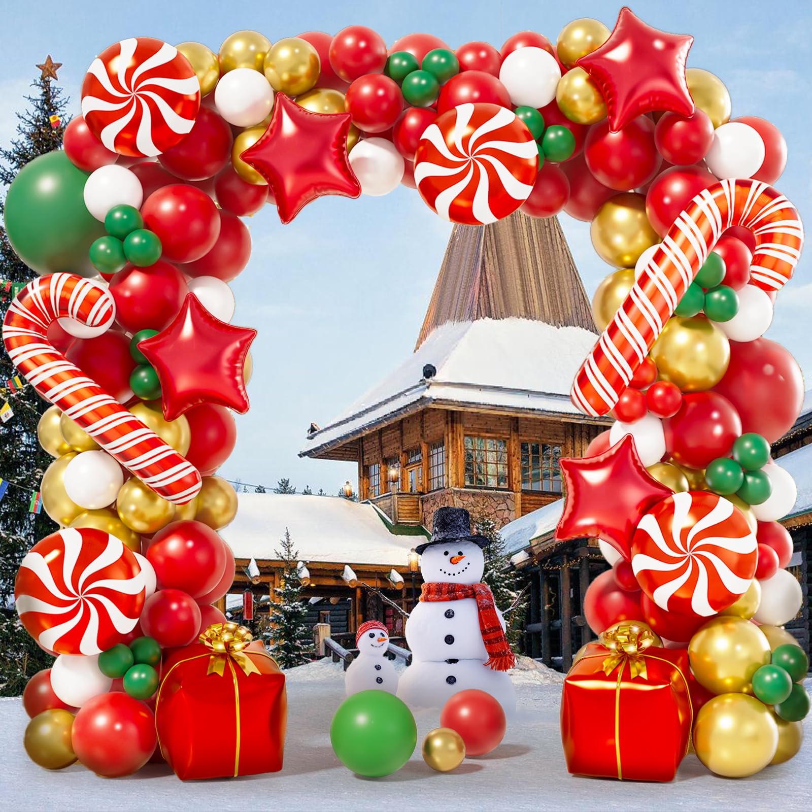 AobkDeco 151PCS Christmas Arch Kit with Red, White, Golden, Dark Green Balloons, Candy Foil, Candy Cane, Gift Box, Star Balloons for Christmas Party Decorations