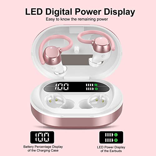 sprtoybat Wireless Earbuds, HiFi Stereo Bluetooth 5.3 Running Headphones with Dual LED Display 30Hrs Playtime, Built-in Mic, Type-C, in-Ear Bluetooth Earphones with Earhooks for Sport, Rose Gold