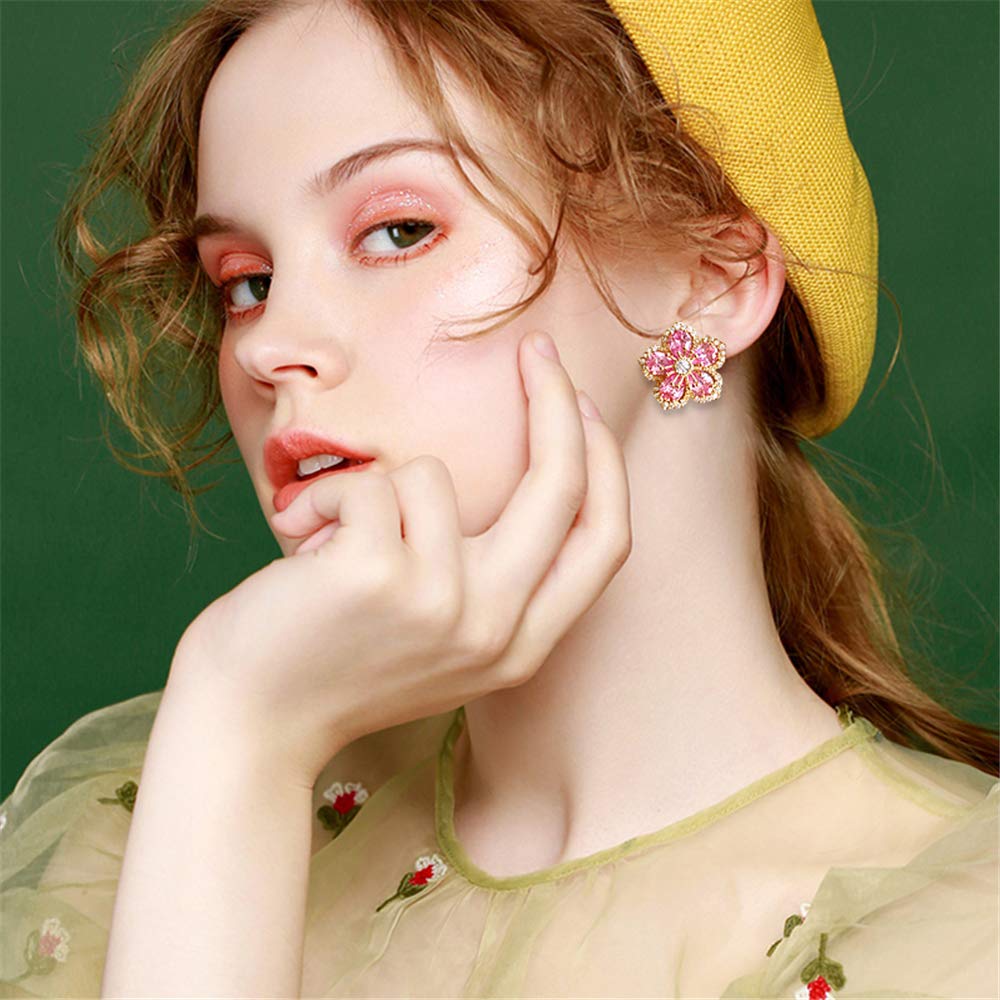 DAMLENG Handmade Chic Boho Pink Rhinestone Flower Statement Stud Earrings with Gold Flower Bud for Women Sister Mom Lover and Friends (Pink)