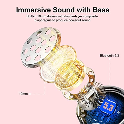 sprtoybat Wireless Earbuds, HiFi Stereo Bluetooth 5.3 Running Headphones with Dual LED Display 30Hrs Playtime, Built-in Mic, Type-C, in-Ear Bluetooth Earphones with Earhooks for Sport, Rose Gold