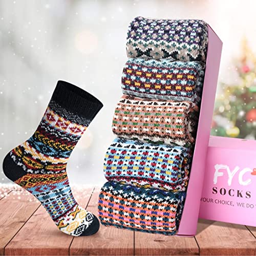 FYC Winter Womens Socks - Wool Warm Thick Knit Cozy Crew Casual Vintage Soft Socks for Women - Christmas Gifts - 5 Pairs