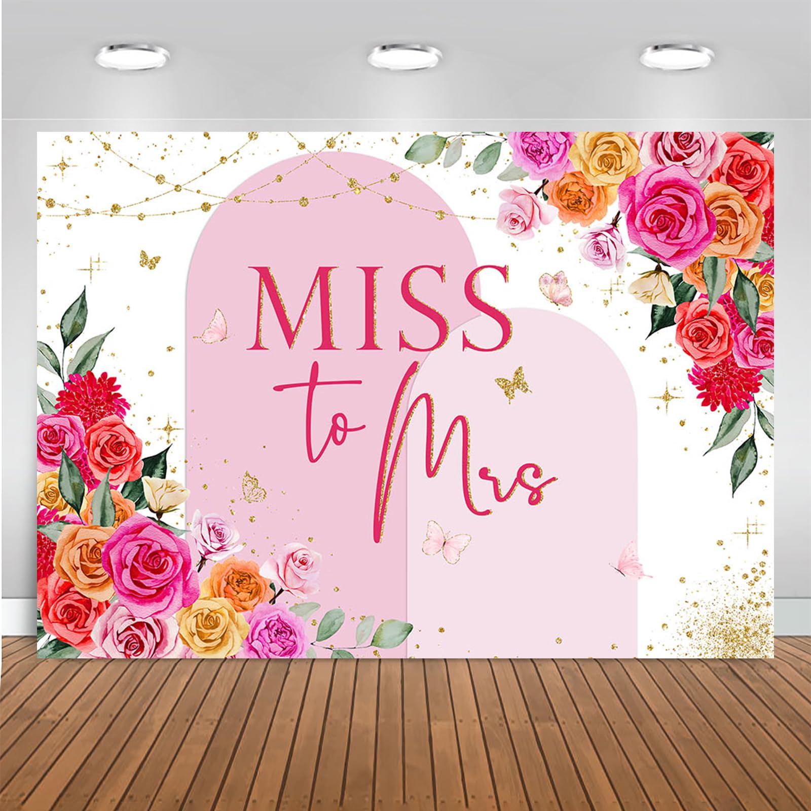Mocsicka Miss to Mrs Backdrop Hot Pink Flowers Gold Glitter Bridal Shower Party Decorations Wedding Bride to Be Engagement Photography Background (7x5ft(82''x60''), Pink)