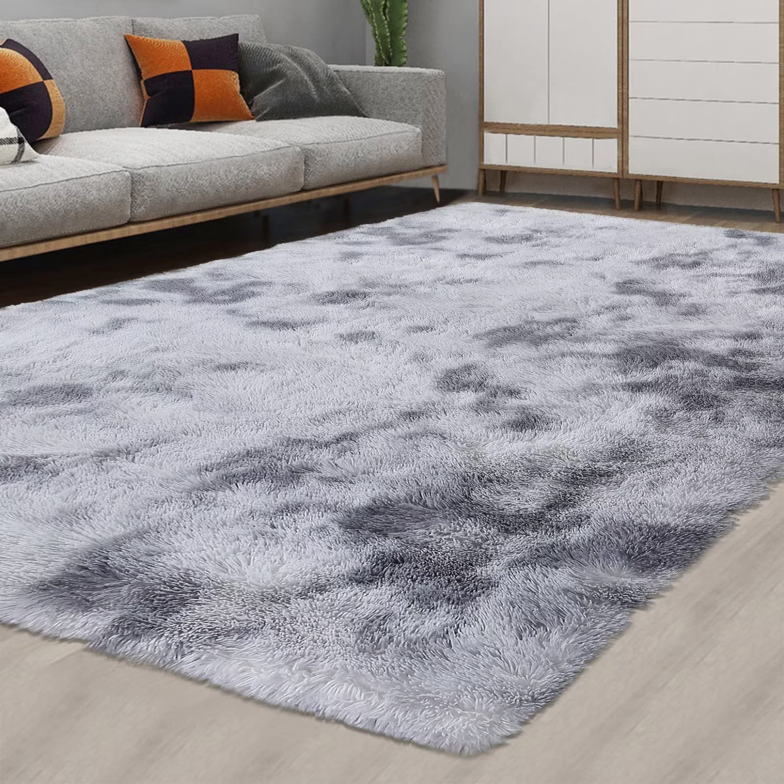 COZYLOOM Modern Fluffy Area Rugs, 8x10 Luxury Shag Rug Soft Fluffy Tie-Dyed Area Rug Thick Plush Light Grey for for Living Room Bedroom Kids Bedroom Throw Carpet for Bedside Non-Slip Indoor Home Decor
