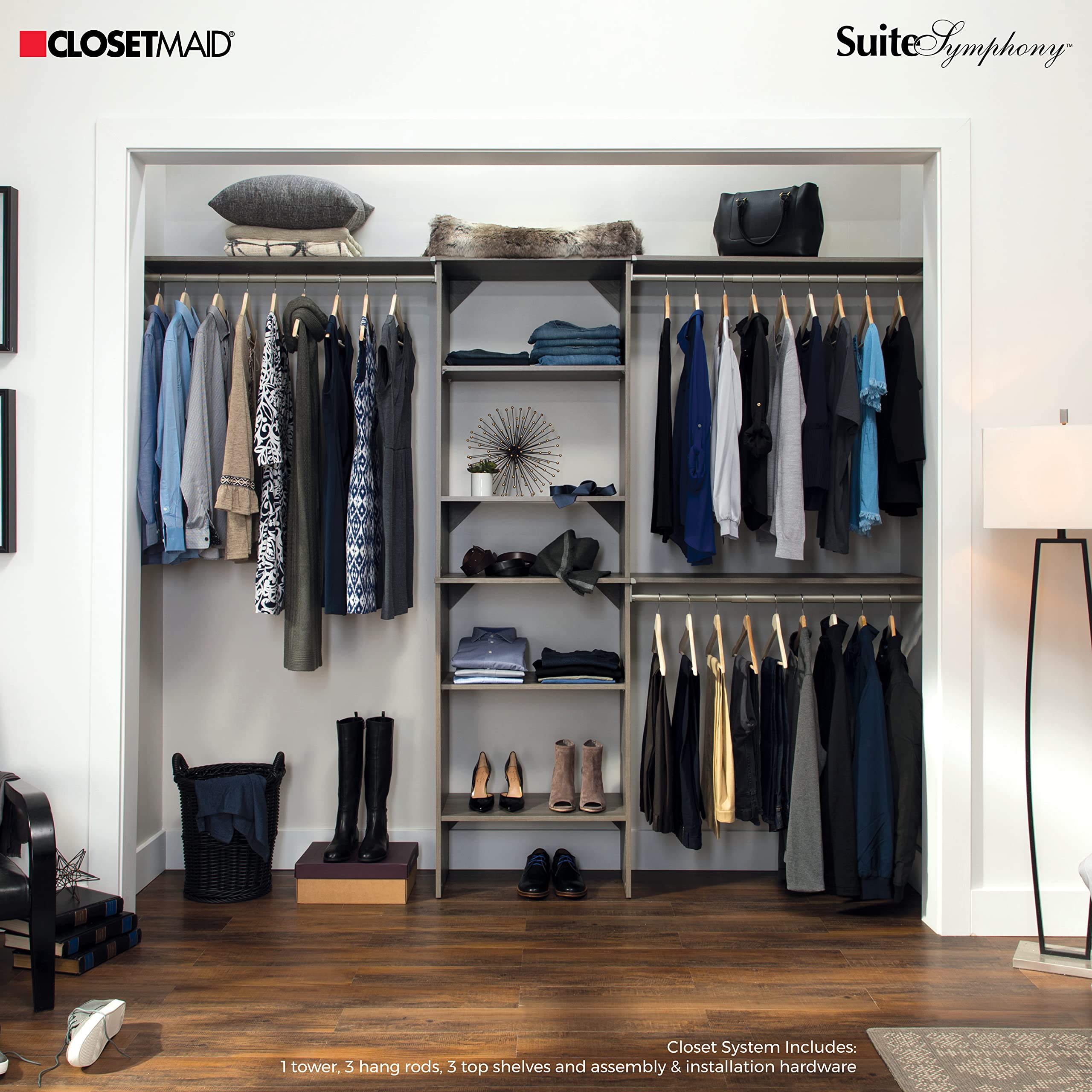 ClosetMaid SuiteSymphony Wood Closet Organizer Kit with Tower, 3 Hang Rods, Top Shelves, Adjustable, Fits Spaces 6 - 10 ft. Wide, Graphite Grey