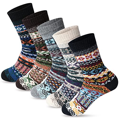 FYC Winter Womens Socks - Wool Warm Thick Knit Cozy Crew Casual Vintage Soft Socks for Women - Christmas Gifts - 5 Pairs