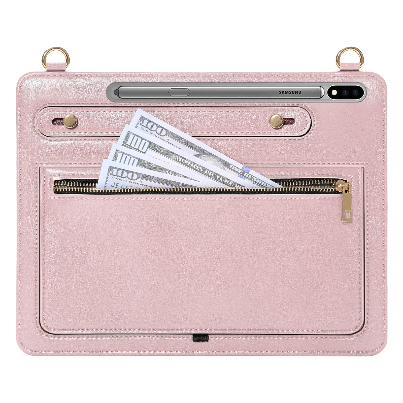 Back Cover Case for Samsung Galaxy Tab S9 FE/S9/S8/S7 [Pen Holder], Techcircle Slim Fit Vegan Leather Protective Soft TPU Shell Wallet Case with Hand Strap & Removable Shoulder Strap, Light Pink