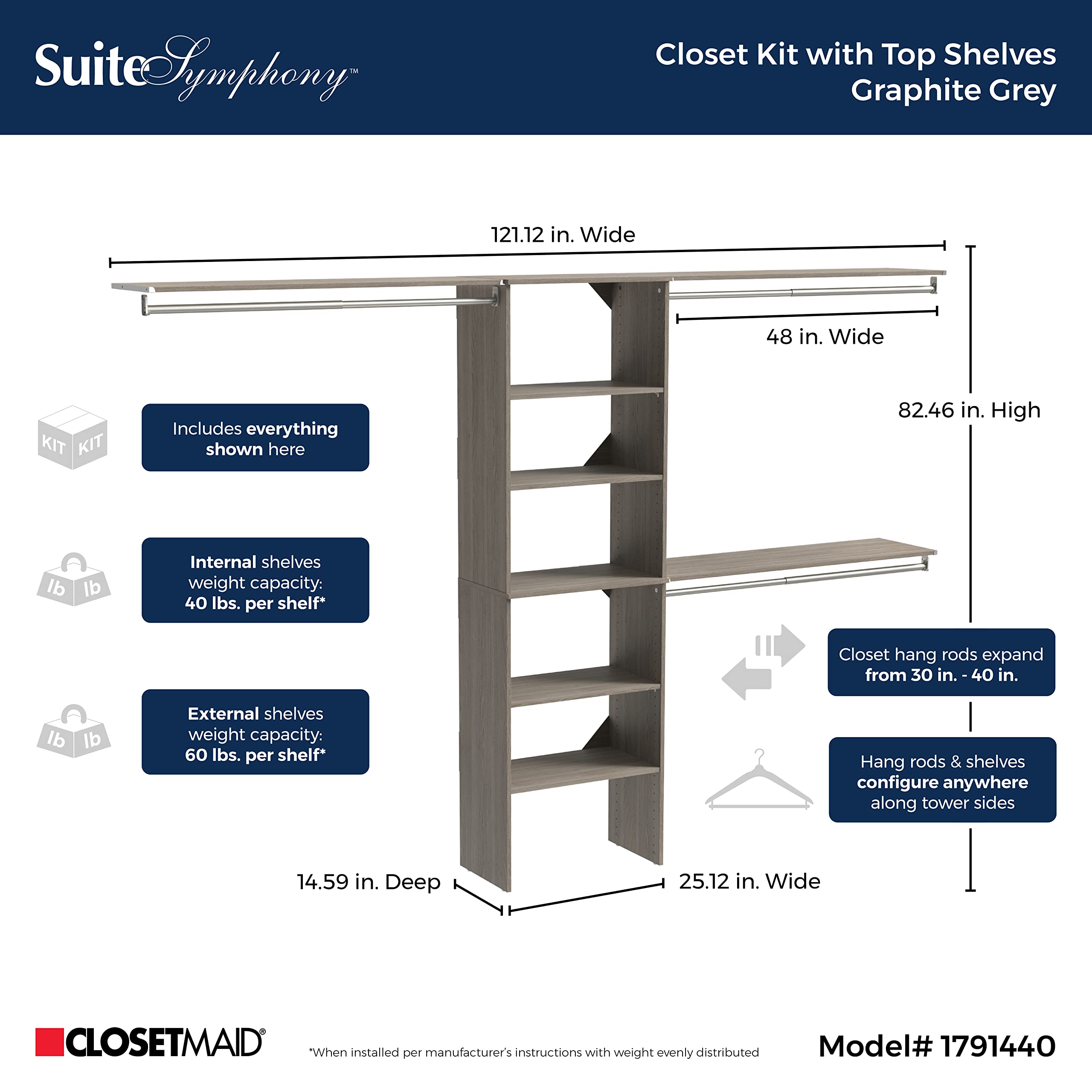 ClosetMaid SuiteSymphony Wood Closet Organizer Kit with Tower, 3 Hang Rods, Top Shelves, Adjustable, Fits Spaces 6 - 10 ft. Wide, Graphite Grey