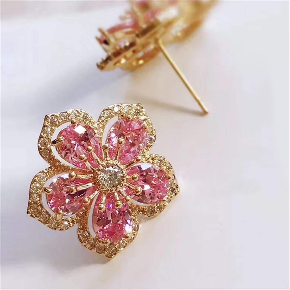 DAMLENG Handmade Chic Boho Pink Rhinestone Flower Statement Stud Earrings with Gold Flower Bud for Women Sister Mom Lover and Friends (Pink)