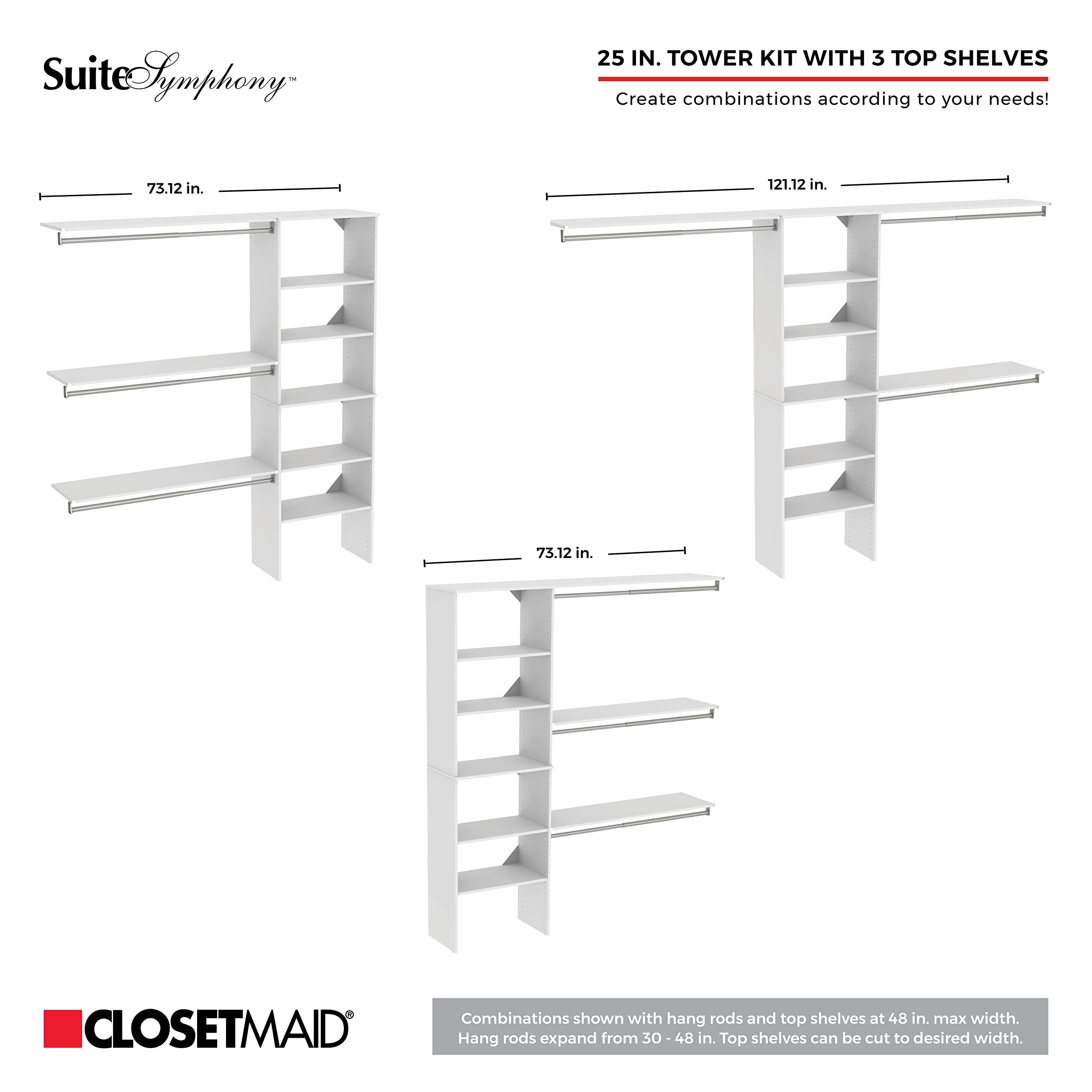 ClosetMaid SuiteSymphony Wood Closet Organizer Kit with Tower, 3 Hang Rods, Top Shelves, Adjustable, Fits Spaces 6 - 10 ft. Wide, Graphite Grey