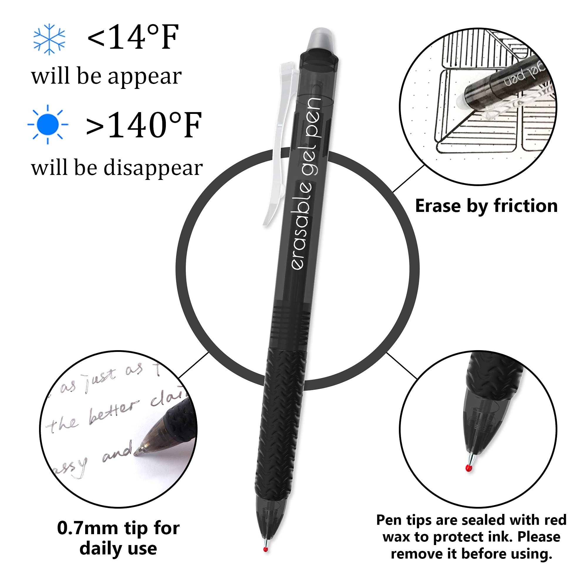 Vanstek 18 Pack Retractable Erasable Gel Pens Clicker, 9 Black & 9 Blue, Fine Point(0.7), Make Mistakes Disappear, Premium Comfort Grip Black & Blue Ink for Writting, Note Taking and Crossword Puzzles