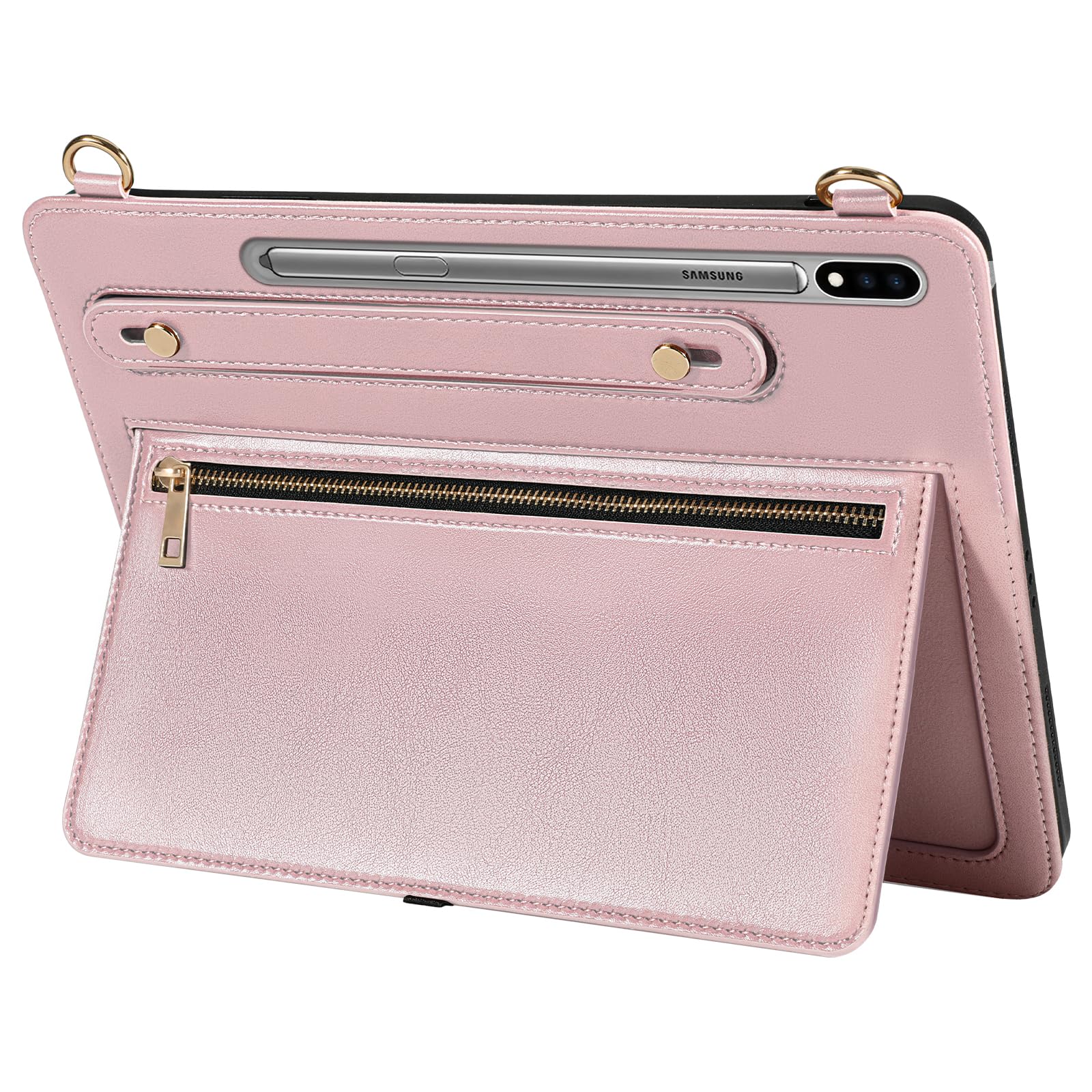 Back Cover Case for Samsung Galaxy Tab S9 FE/S9/S8/S7 [Pen Holder], Techcircle Slim Fit Vegan Leather Protective Soft TPU Shell Wallet Case with Hand Strap & Removable Shoulder Strap, Light Pink