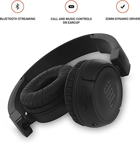 JBL T460BT - On-Ear Wireless Bluetooth Headphones, Extra Bass with 11 Hours Playtime & Mic - Includes Bonus Extended Charging Cable and Velvet Storage Pouch - Black