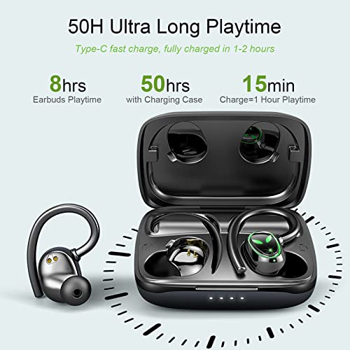 Wireless Earbud, True Bluetooth Headphones 50H Playtime, Deep Bass Bluetooth Earbud with Mic, Noise Cancelling Earphones with Earhooks, IP7 Waterproof in Ear Bluetooth Earphones for Sports/Gym, Black