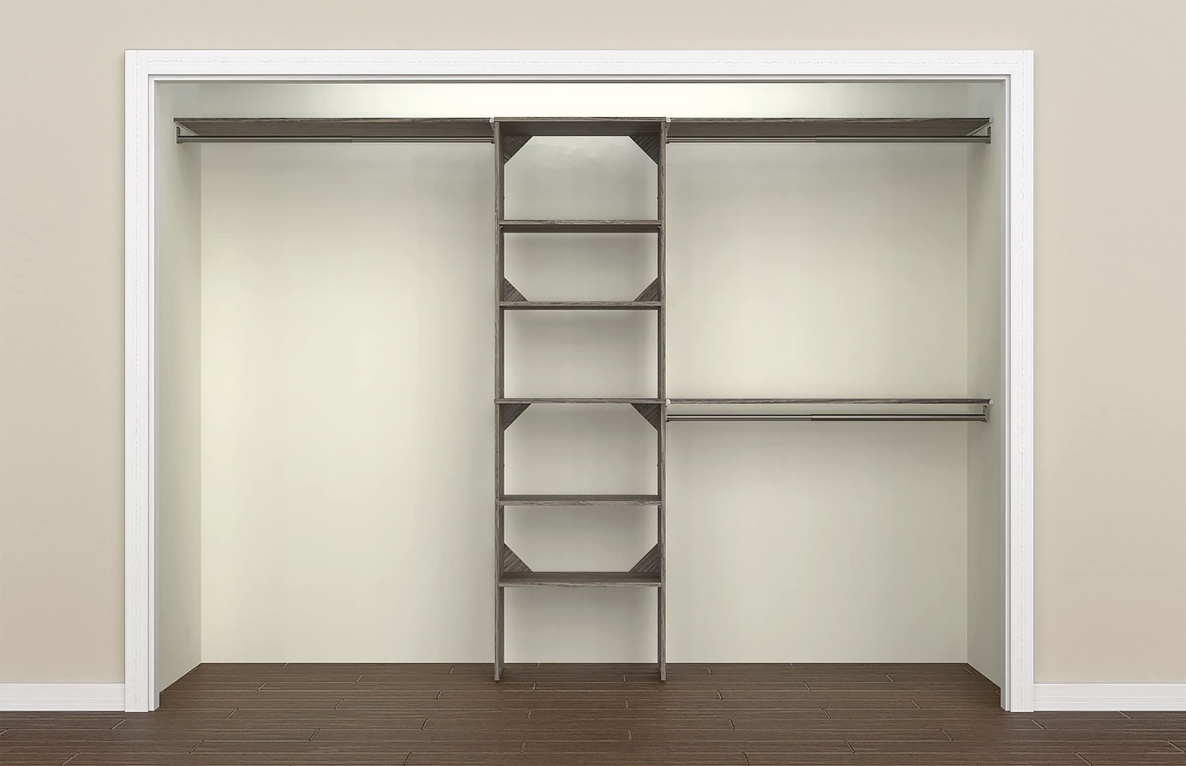 ClosetMaid SuiteSymphony Wood Closet Organizer Kit with Tower, 3 Hang Rods, Top Shelves, Adjustable, Fits Spaces 6 - 10 ft. Wide, Graphite Grey
