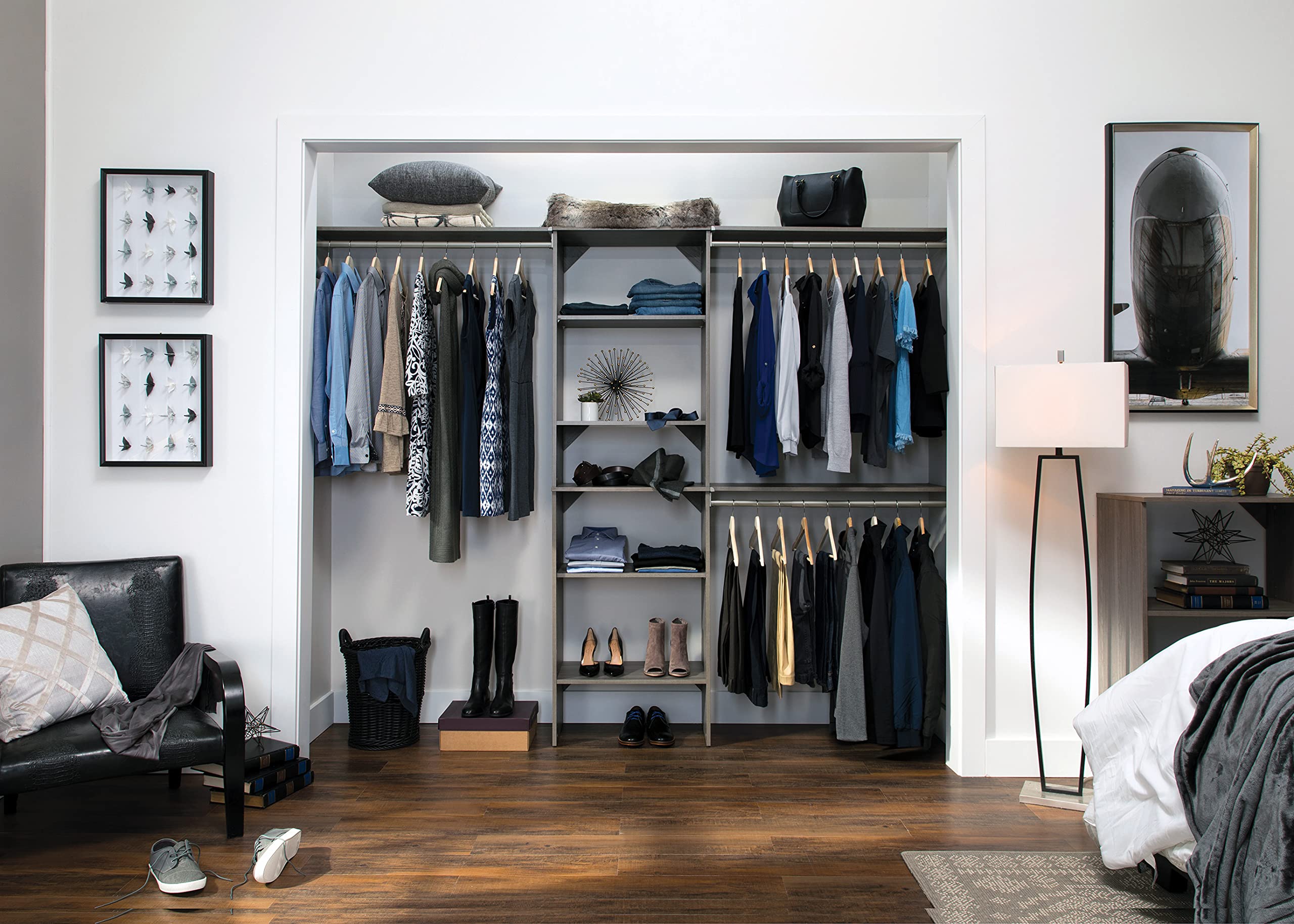 ClosetMaid SuiteSymphony Wood Closet Organizer Kit with Tower, 3 Hang Rods, Top Shelves, Adjustable, Fits Spaces 6 - 10 ft. Wide, Graphite Grey