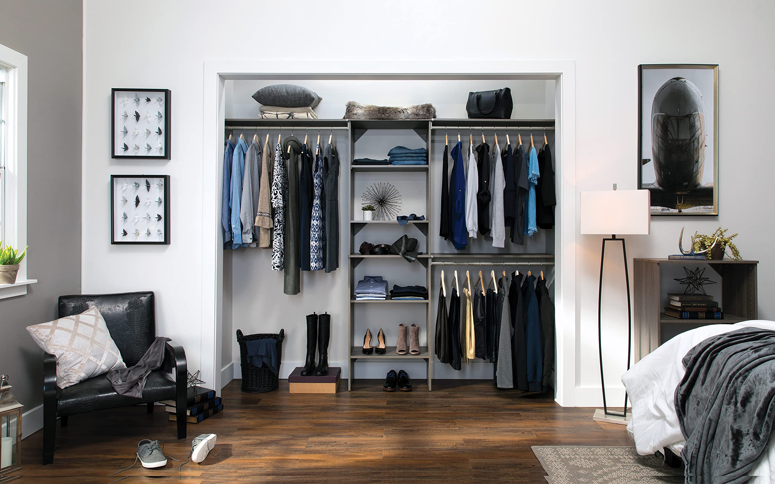 ClosetMaid SuiteSymphony Wood Closet Organizer Kit with Tower, 3 Hang Rods, Top Shelves, Adjustable, Fits Spaces 6 - 10 ft. Wide, Graphite Grey
