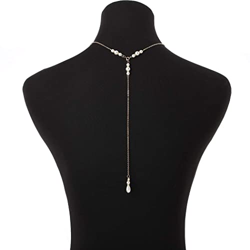 Ursumy Back Necklace Pearl Backdrop Necklace Sexy Body Chain Bridal Back Chain Jewelry for Women(Gold)