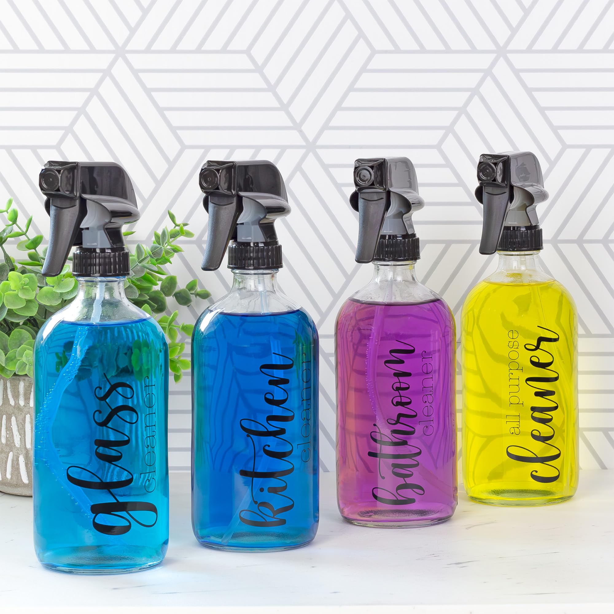 Cornucopia Brands Cleaning Spray Bottles Set, Glass (Set of 4, 16-Ounce); Refillable Trigger Sprayers w/Mist/Stream Settings and Farmhouse Script
