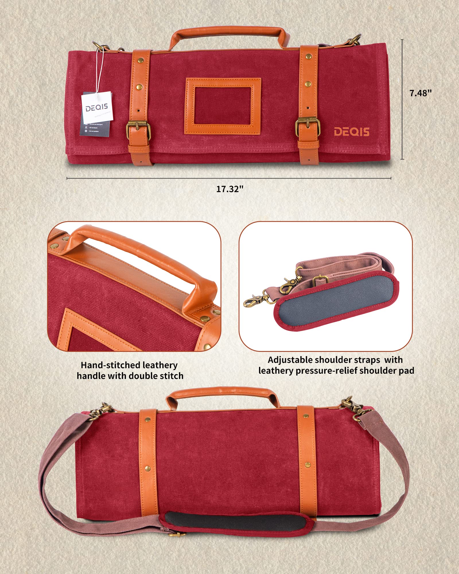 DEQIS Knife Roll Chef Waxed Canvas Bag Storage 13 Slots and 1 Large Zipper Pocket Carry Shoulder Strap Handle and Name Card Professional Folding Cooking Tools Case Organizer,Knives Not Included,Red