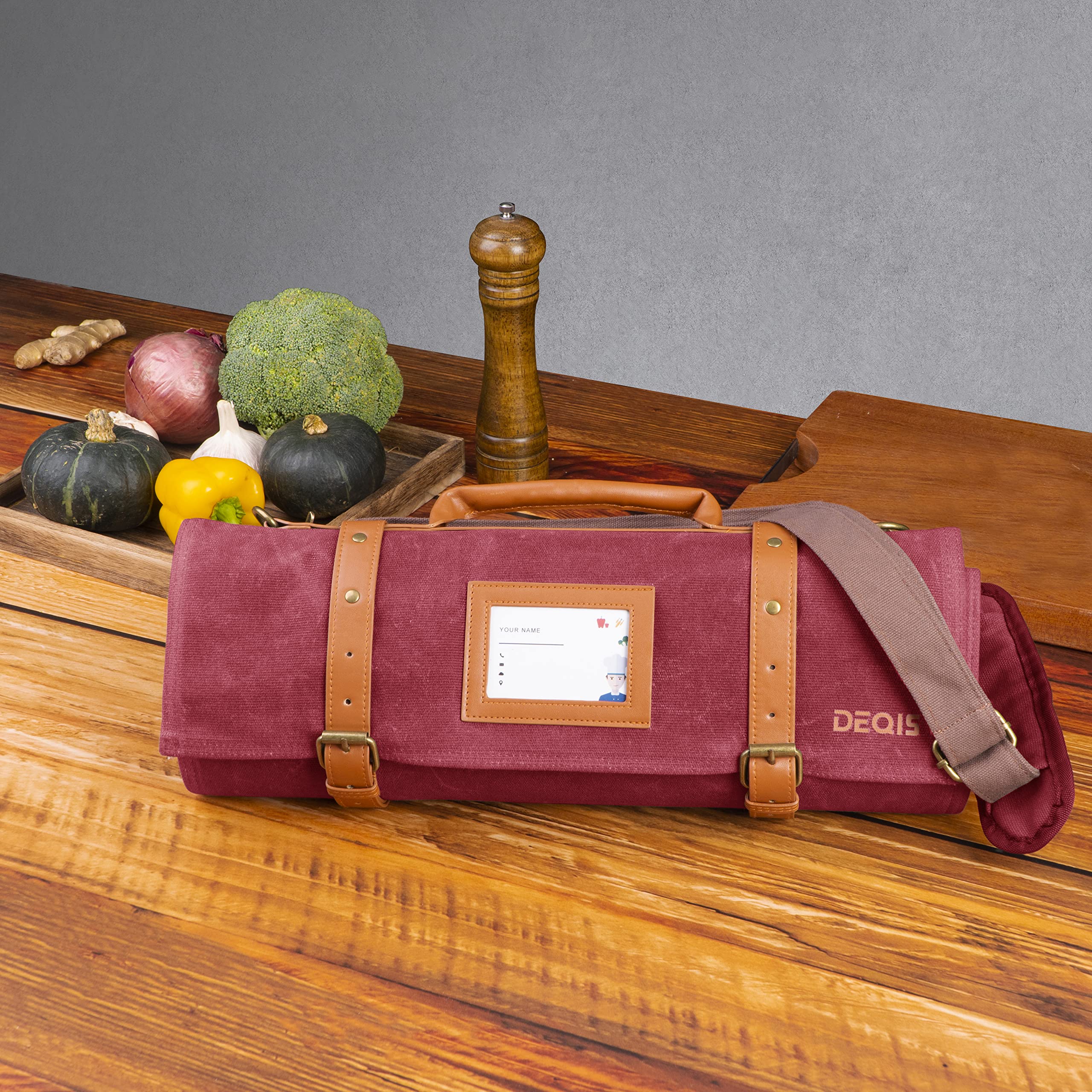 DEQIS Knife Roll Chef Waxed Canvas Bag Storage 13 Slots and 1 Large Zipper Pocket Carry Shoulder Strap Handle and Name Card Professional Folding Cooking Tools Case Organizer,Knives Not Included,Red