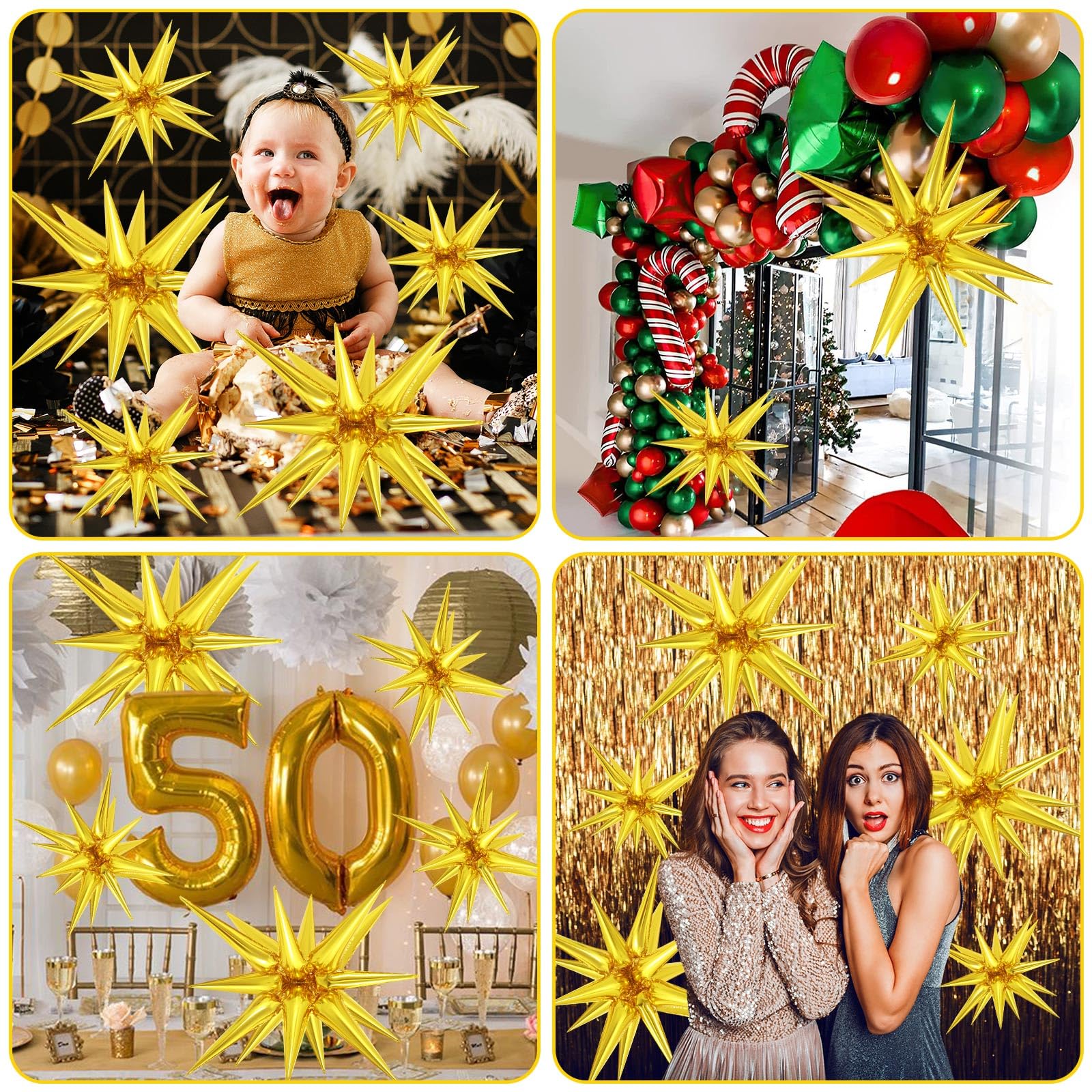 10 Pcs Star Balloons - Explosion Starburst Foil Cone Magic for Birthday, Wedding, Anniversary Party Backdrops Decorations Supplies, 6 Pcs 22Inches & 4 Pcs 27Inches (Gold)