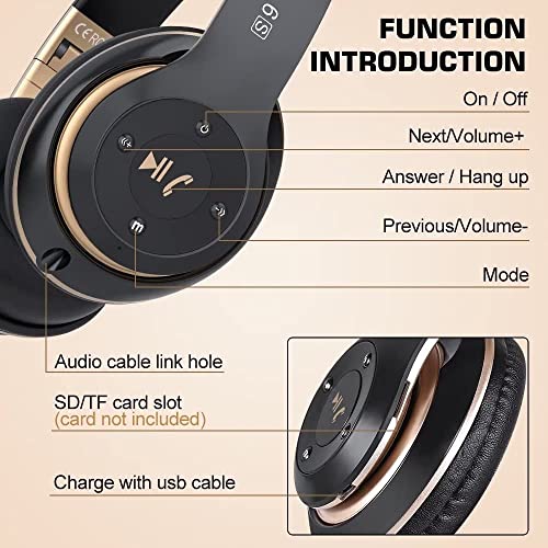 Prtukyt 6S Wireless Bluetooth Headphones Over Ear, Hi-Fi Stereo Foldable Wireless Stereo Headsets Earbuds with Built-in Mic, Volume Control, FM for Phone/PC (Black & Gold)