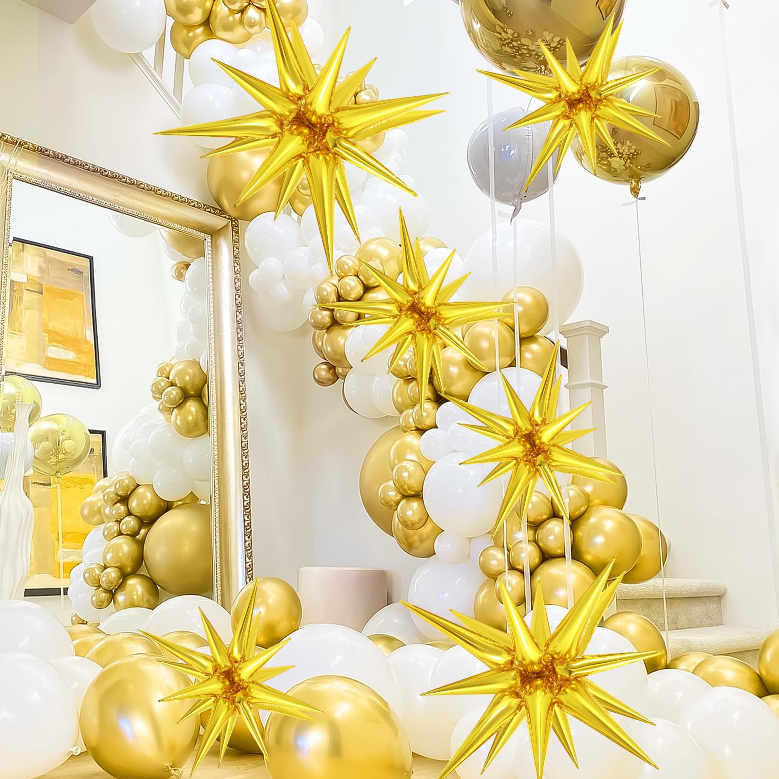 10 Pcs Star Balloons - Explosion Starburst Foil Cone Magic for Birthday, Wedding, Anniversary Party Backdrops Decorations Supplies, 6 Pcs 22Inches & 4 Pcs 27Inches (Gold)
