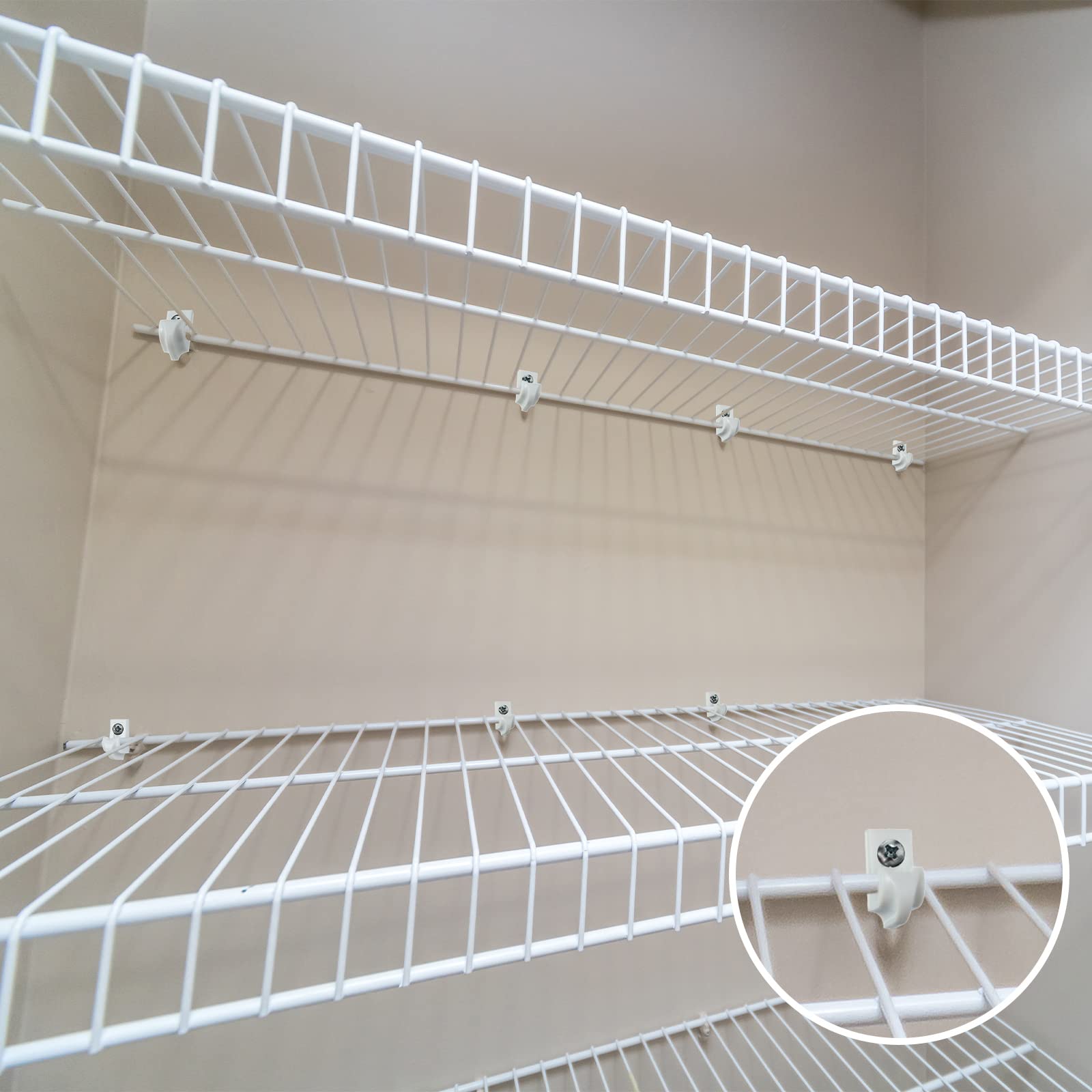 Wire Shelf Loop Clip Down Wall Clip Plastic Closet Shelves Clips Heavy Duty Shelf Bracket for Wire Shelving, Screws and Expansion Tube Not Included (White, 50 Pieces)