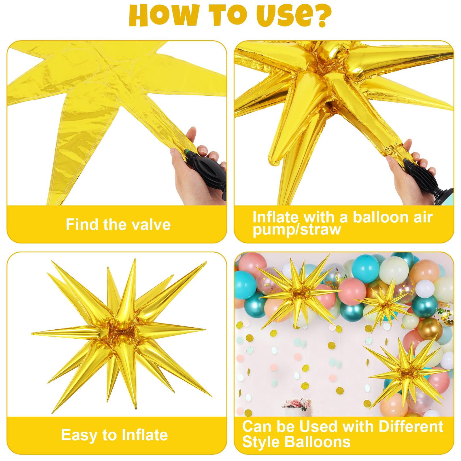 10 Pcs Star Balloons - Explosion Starburst Foil Cone Magic for Birthday, Wedding, Anniversary Party Backdrops Decorations Supplies, 6 Pcs 22Inches & 4 Pcs 27Inches (Gold)