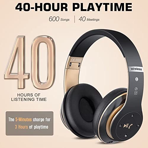 Prtukyt 6S Wireless Bluetooth Headphones Over Ear, Hi-Fi Stereo Foldable Wireless Stereo Headsets Earbuds with Built-in Mic, Volume Control, FM for Phone/PC (Black & Gold)