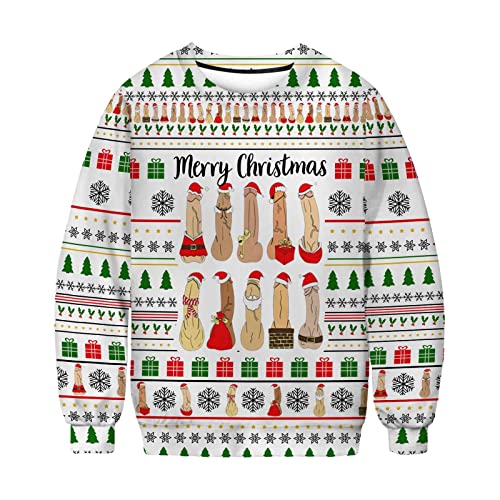 Mens Christmas Ugly Sweaters Funny Dirty Dildos Secret Casual Round Neck Sweatshirts 3D Graphic Long Sleeve Pullover White
