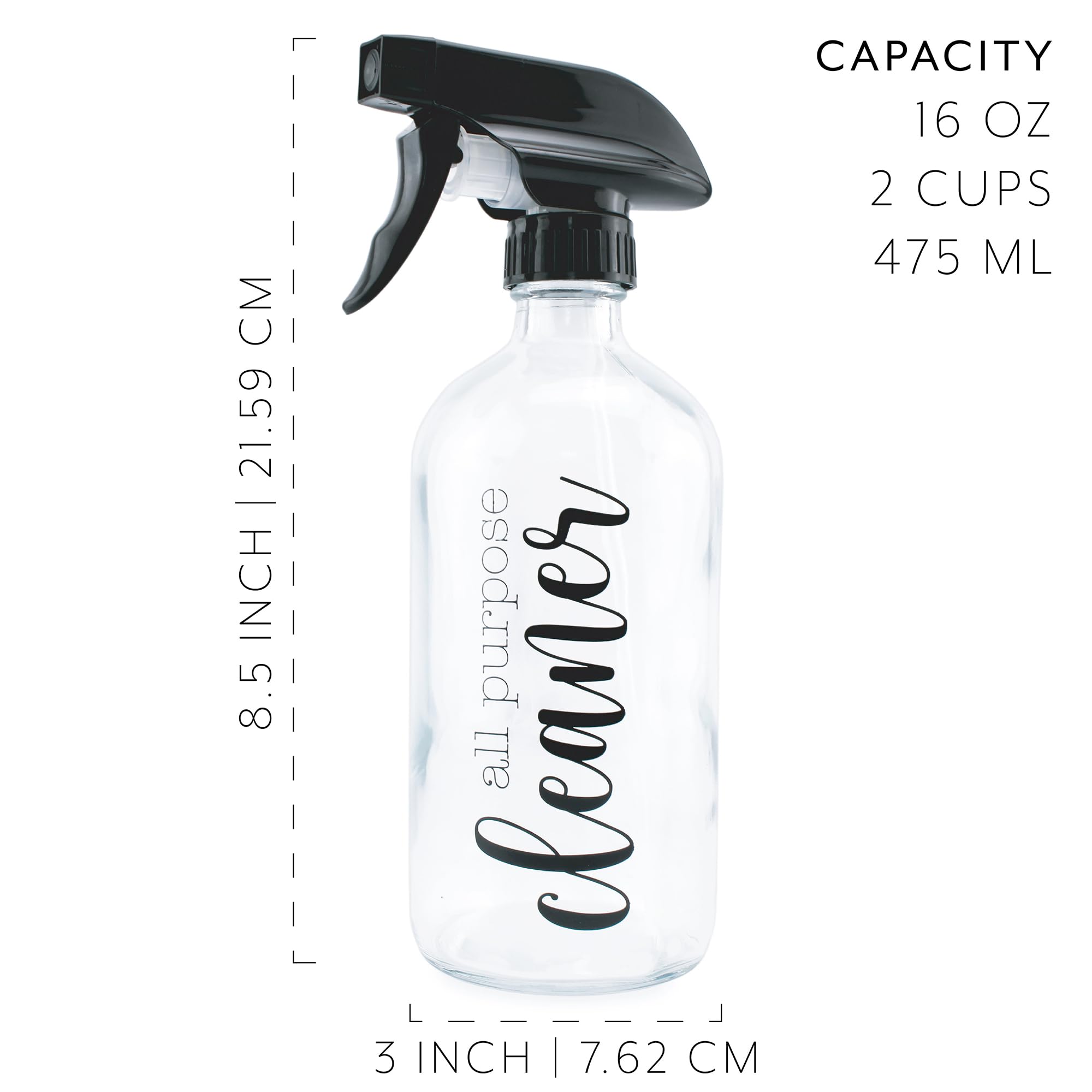 Cornucopia Brands Cleaning Spray Bottles Set, Glass (Set of 4, 16-Ounce); Refillable Trigger Sprayers w/Mist/Stream Settings and Farmhouse Script