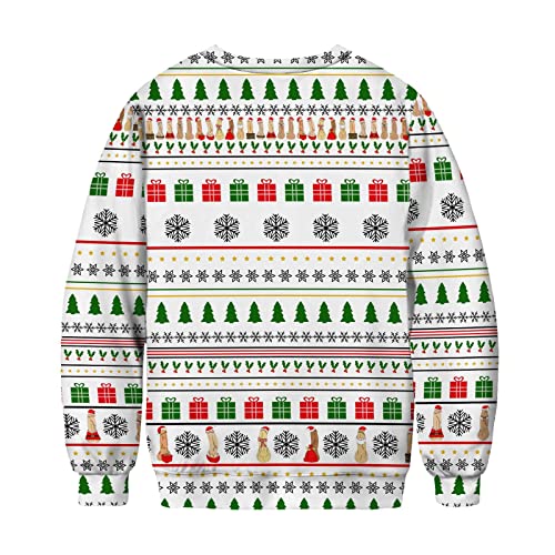 Mens Christmas Ugly Sweaters Funny Dirty Dildos Secret Casual Round Neck Sweatshirts 3D Graphic Long Sleeve Pullover White