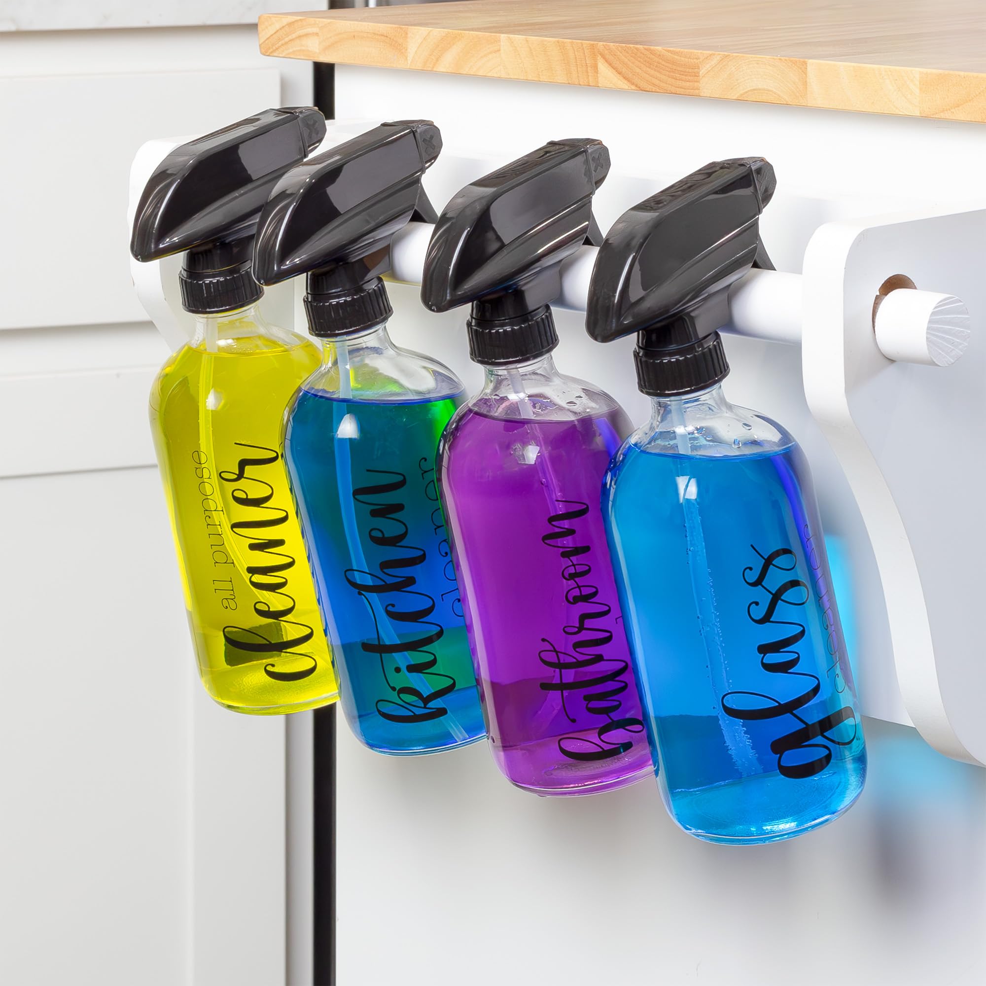 Cornucopia Brands Cleaning Spray Bottles Set, Glass (Set of 4, 16-Ounce); Refillable Trigger Sprayers w/Mist/Stream Settings and Farmhouse Script