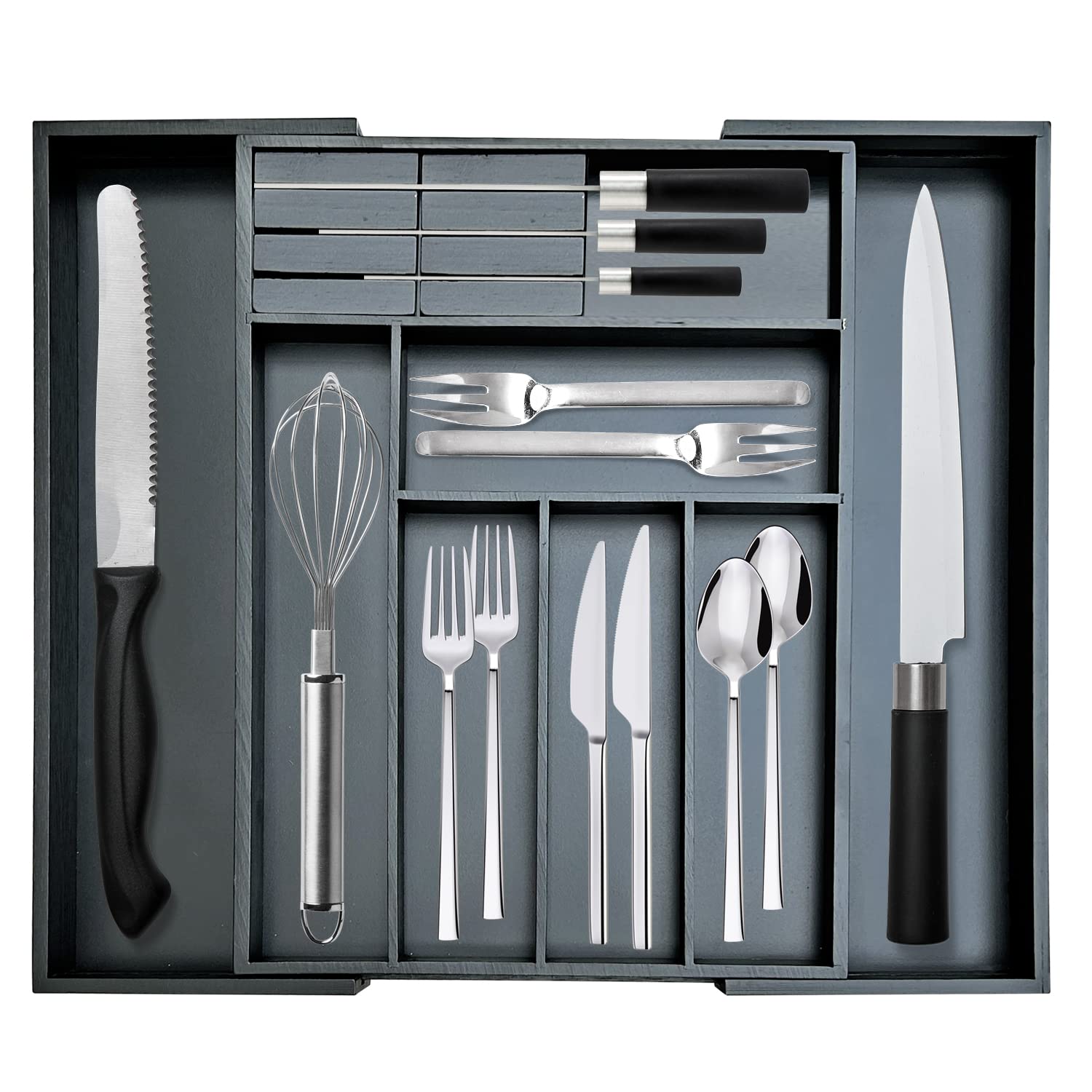 ZHOMA Bamboo Expandable Kitchen Drawer Organizer for Utensils Holder - Silverware Organizer/Utensil Holder and Cutlery Tray with Grooved Drawer Dividers - Black