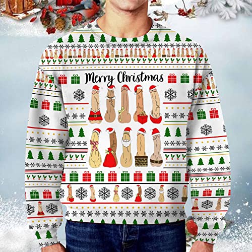 Mens Christmas Ugly Sweaters Funny Dirty Dildos Secret Casual Round Neck Sweatshirts 3D Graphic Long Sleeve Pullover White