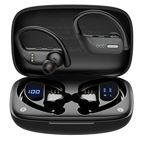 occiam Wireless Earbuds Bluetooth Headphones 48hrs Playback Sport Earphones with LED Display Over Ear Earbuds with Ear Hook Built-in Mic Headset for Workout Black