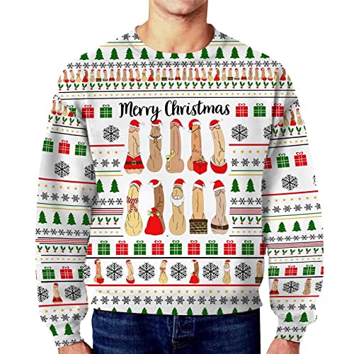 Mens Christmas Ugly Sweaters Funny Dirty Dildos Secret Casual Round Neck Sweatshirts 3D Graphic Long Sleeve Pullover White