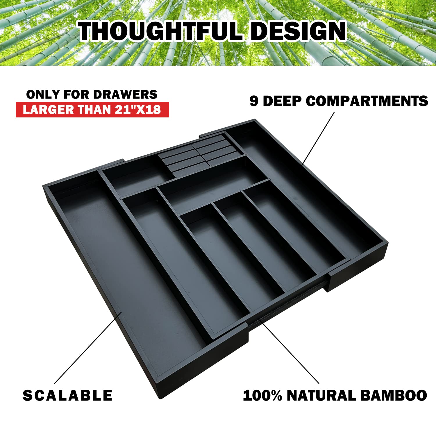 ZHOMA Bamboo Expandable Kitchen Drawer Organizer for Utensils Holder - Silverware Organizer/Utensil Holder and Cutlery Tray with Grooved Drawer Dividers - Black