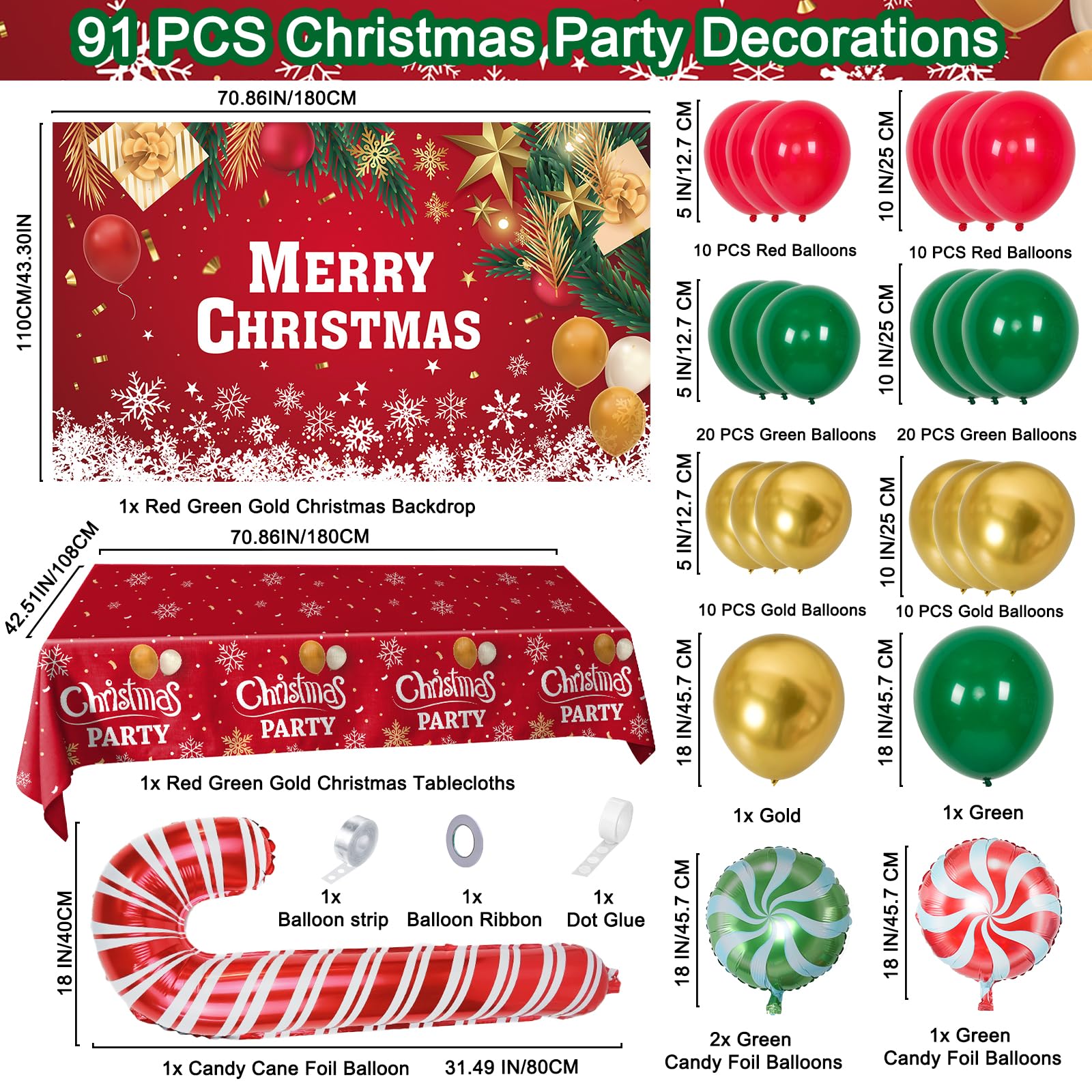 Christmas Decorations, Christmas Party Decorations-Christmas Balloon Arch Garland Kit with Green Red Candy Cane Balloons, Merry Christmas Backdrop Banner Tablecloths for XMAS Decorations Supplies