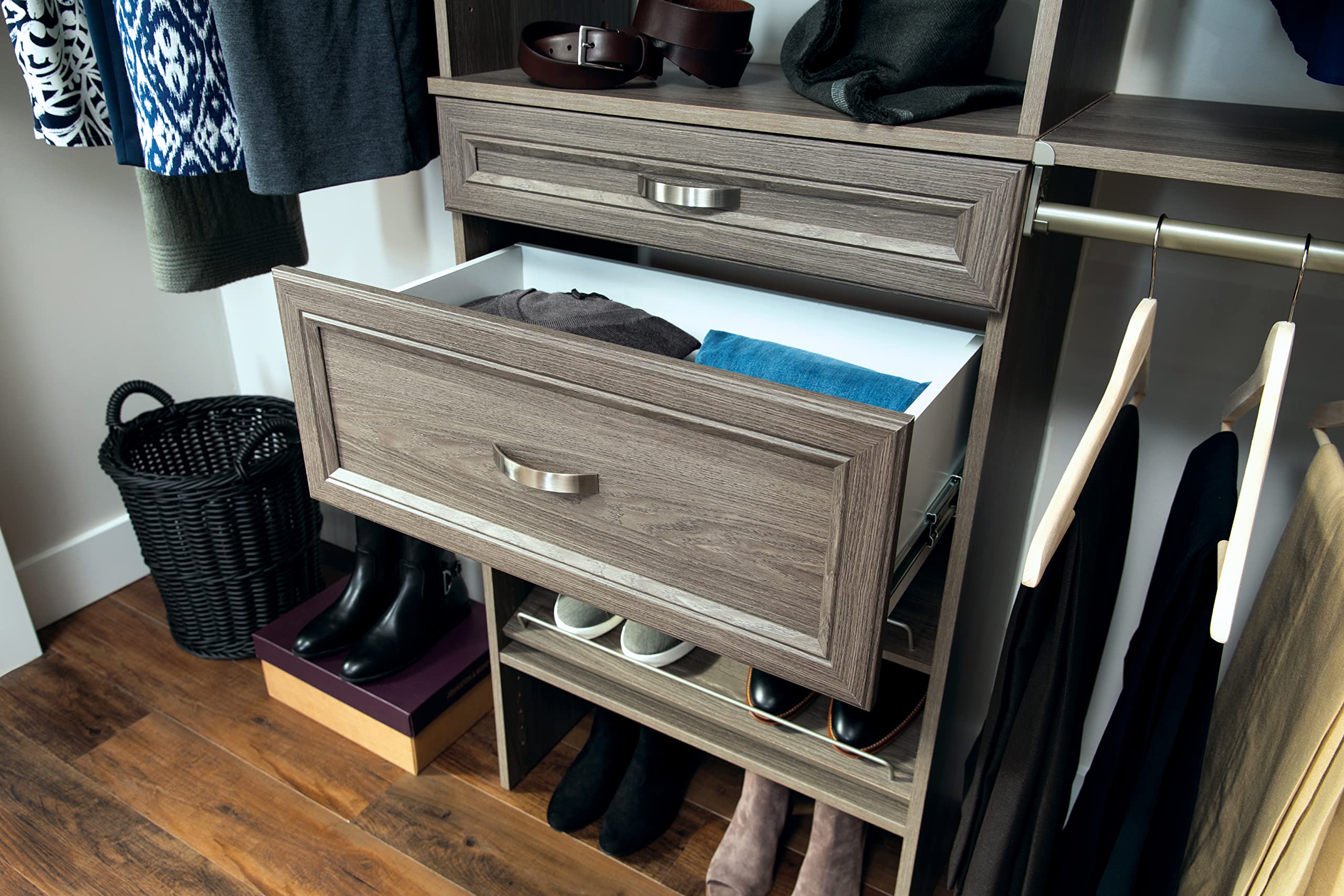ClosetMaid SuiteSymphony Wood Closet Drawer, Add On Accessory, Shaker Style, for Storage, Closet, Clothes, 25” x 10” Size for 25 in. Units, Graphite Grey/Satin Nickel